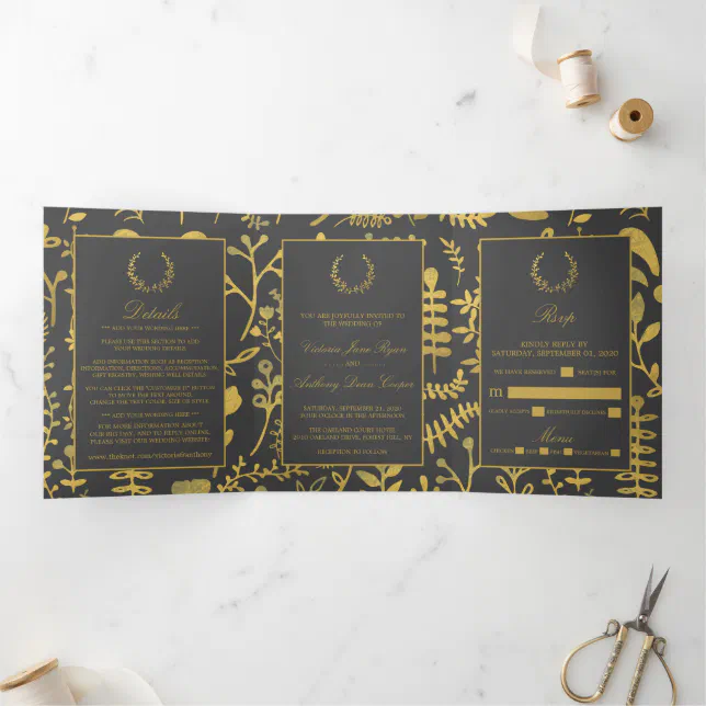 Elegant Gold & Grey Floral Wreath Wedding Suite Tri-Fold Invitation ...
