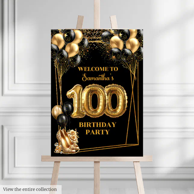 Elegant Gold Heels 100th Birthday Welcome Poster | Zazzle