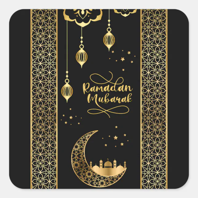 Elegant Gold Islamic Patterns Ramadan Mubarak Square Sticker | Zazzle