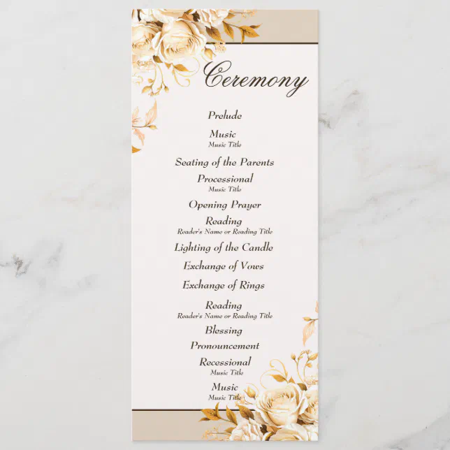 Elegant Gold & Ivory Floral Ceremony Wedding Party Program | Zazzle