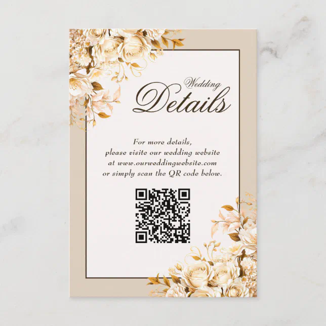 Elegant Gold Ivory Floral Wedding QR Code Details Enclosure Card | Zazzle