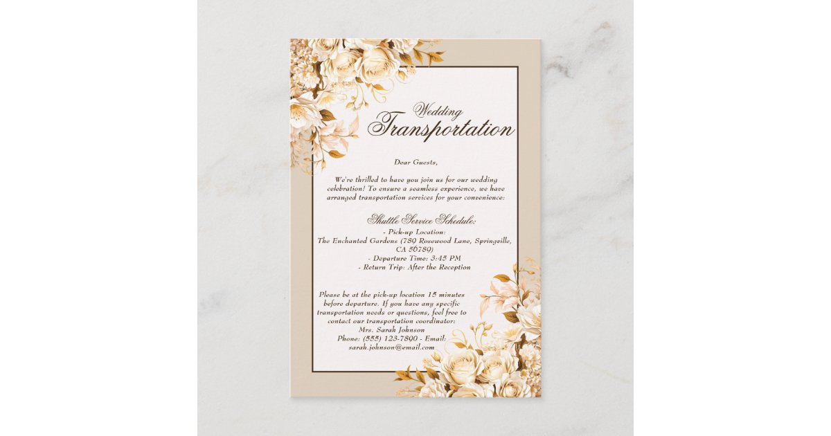 Elegant Gold & Ivory Floral Wedding Transportation Enclosure Card | Zazzle