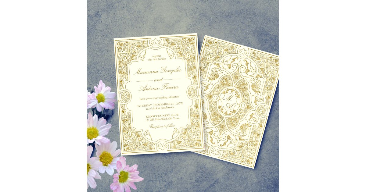 Elegant gold ivory vintage ornate frame wedding invitation | Zazzle