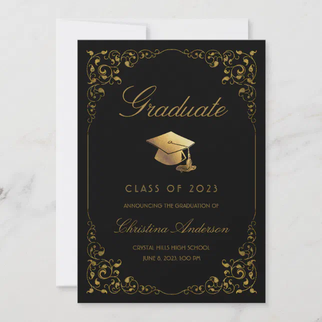 Elegant Gold Ivy Grad Cap Black Graduation Announcement | Zazzle
