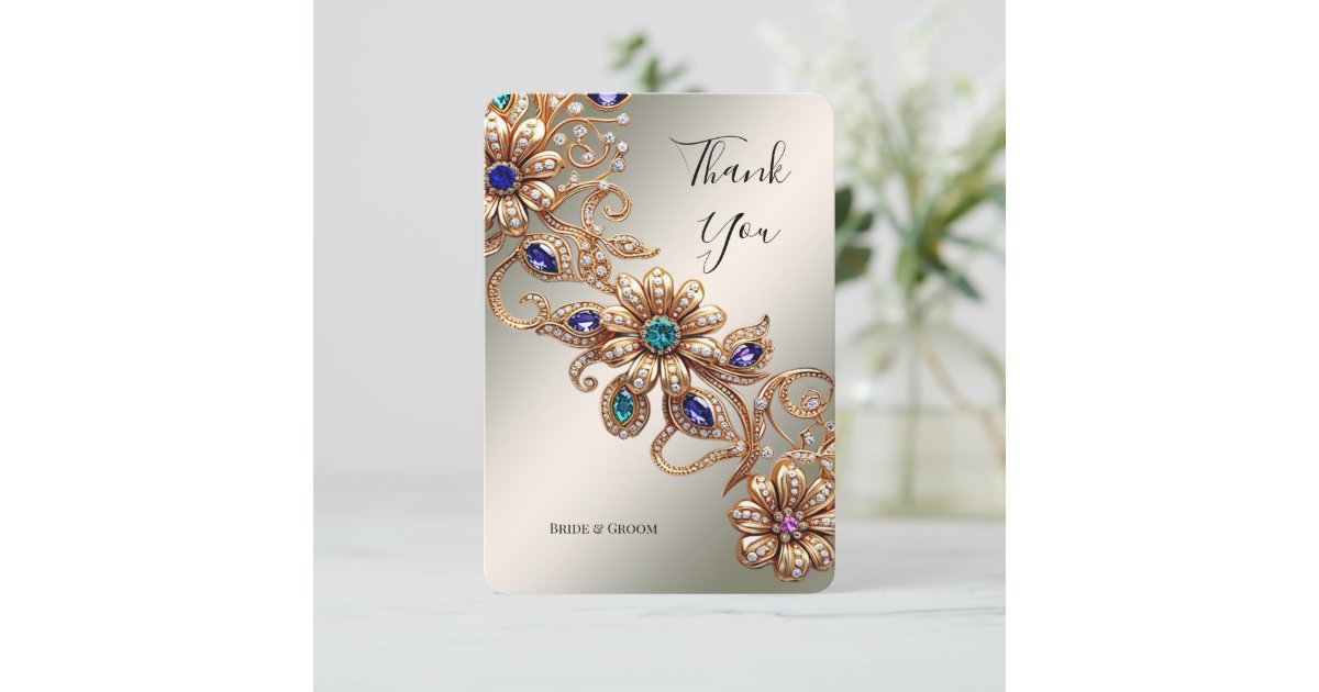 Elegant Gold Jewel Flowers Thank You Card | Zazzle