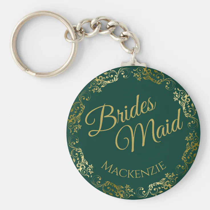 Elegant Gold Lace Emerald Green Bridesmaid Wedding Keychain | Zazzle