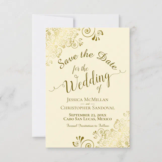 Elegant Gold Lace Filigree on Ivory Cream Wedding Save The Date | Zazzle