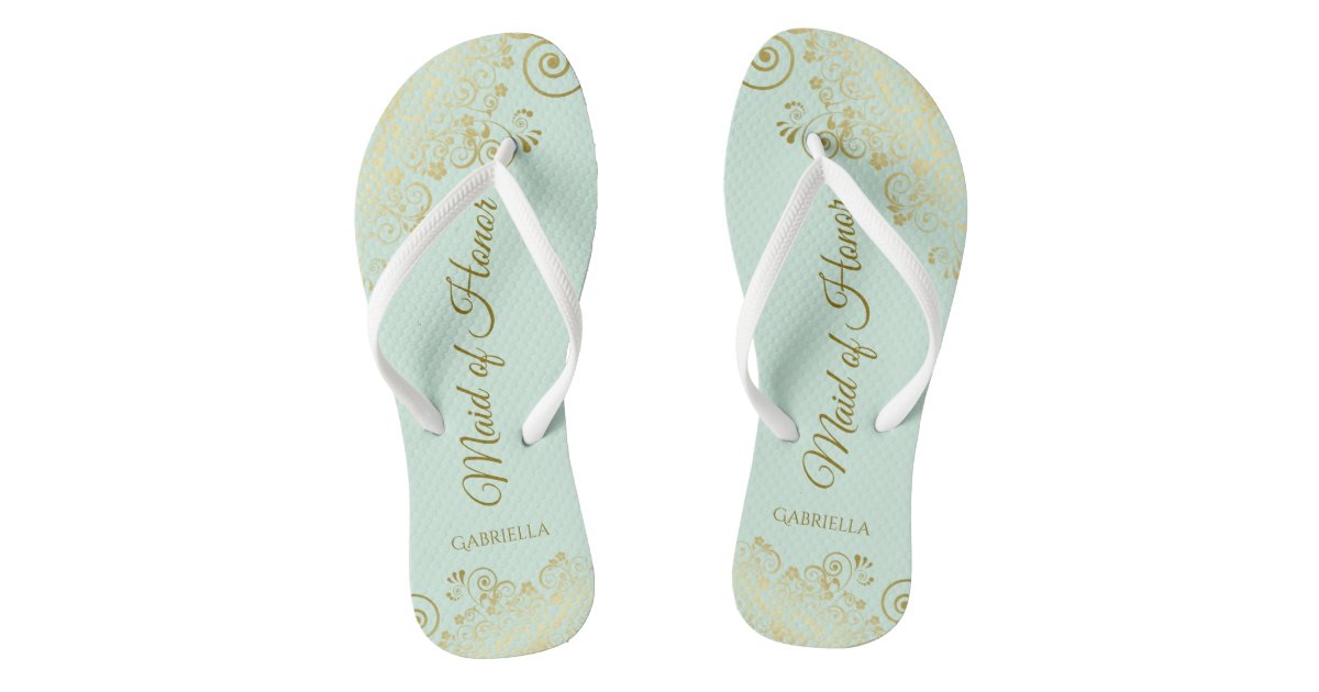 Elegant Gold Lace Maid of Honor Mint Green Wedding Flip Flops | Zazzle