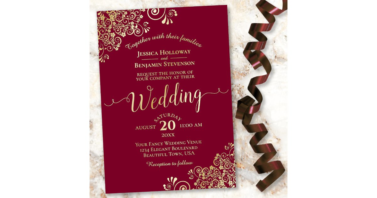 Elegant Gold Lace on Burgundy Maroon Wedding Foil Invitation | Zazzle