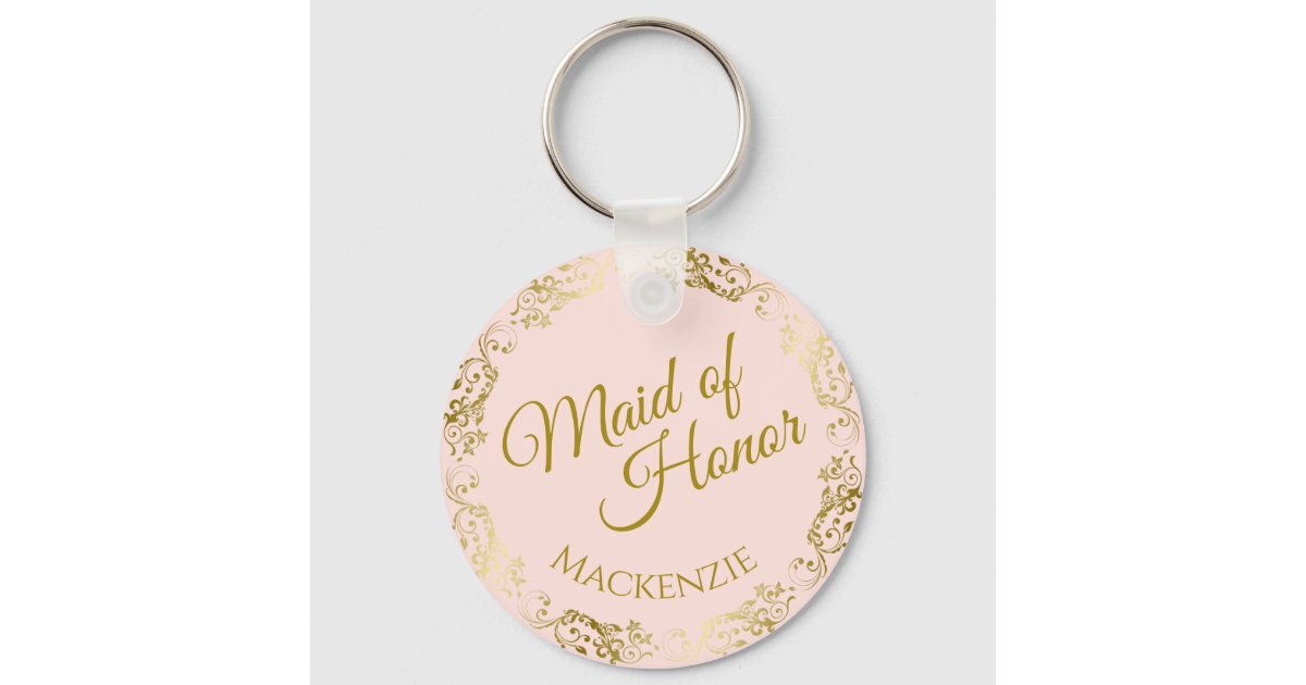 Elegant Gold Lace on Pink Maid of Honor Wedding Keychain | Zazzle