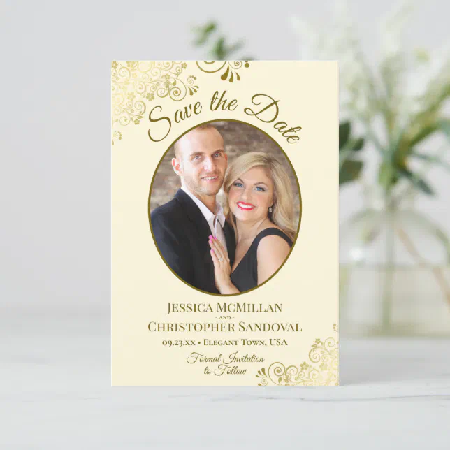 Elegant Gold Lace Oval Photo Ivory Cream Wedding Save The Date | Zazzle