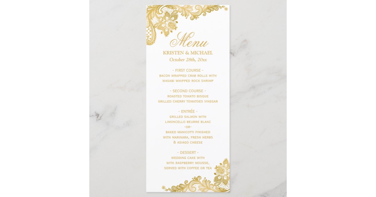 Elegant Gold Lace Pattern Wedding Menu | Zazzle