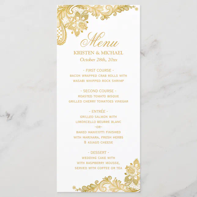 Elegant Gold Lace Pattern Wedding Menu | Zazzle
