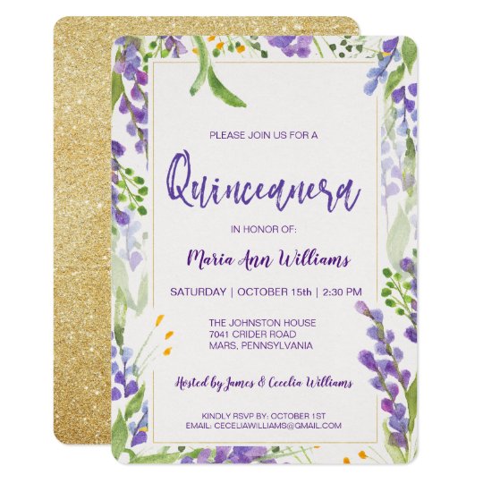 Elegant Gold Lavender Floral Glitter Quinceanera Invitation | Zazzle.com