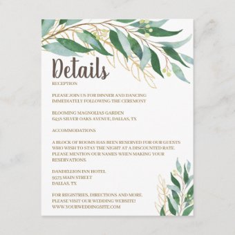 Elegant Gold Leaf Wedding Details Insert Card | Zazzle