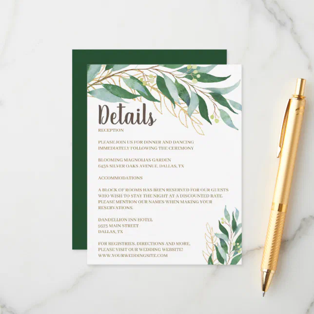Elegant Gold Leaf Wedding Details Insert Card | Zazzle