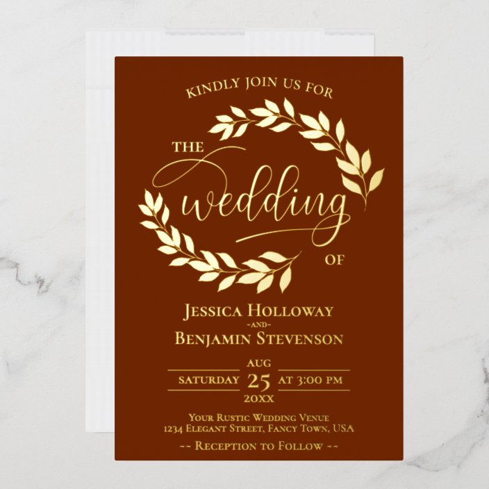 Elegant Gold Leaves on Rust Orange Classy Wedding Foil Invitation ...