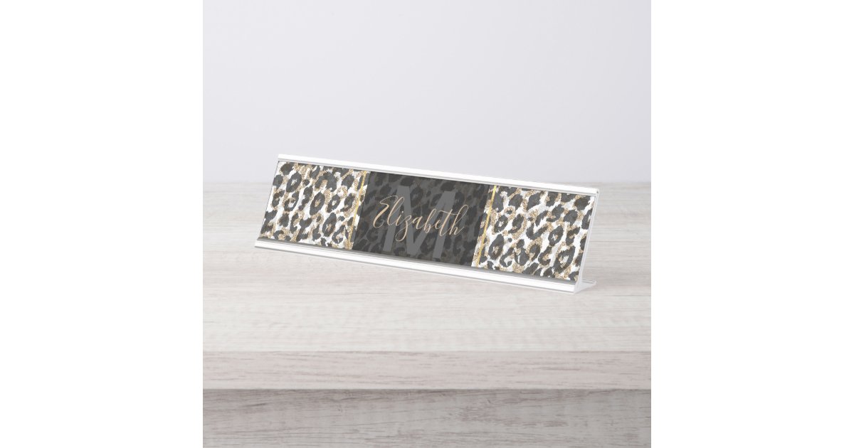 Elegant gold leopard animal print pattern desk name plate | Zazzle