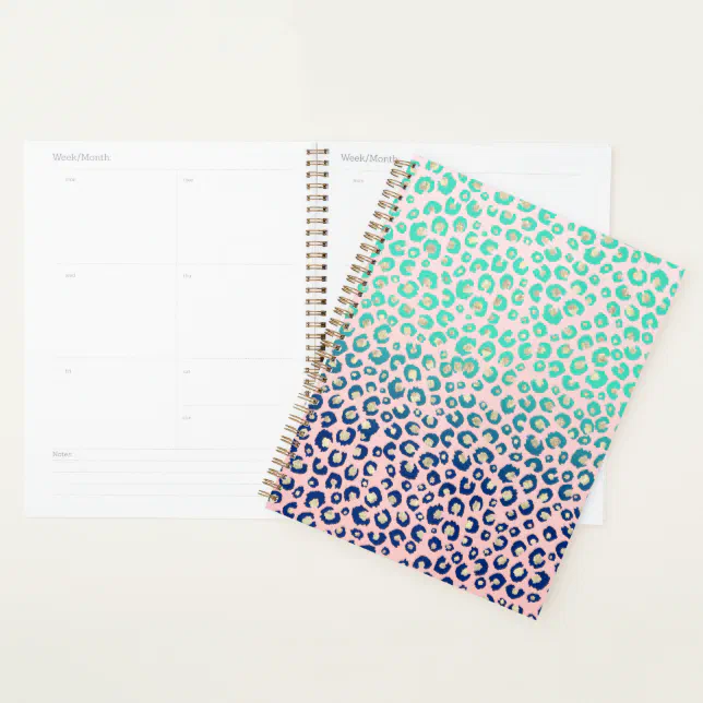 Elegant Gold leopard print Blue Mint Gradient Pink Planner | Zazzle