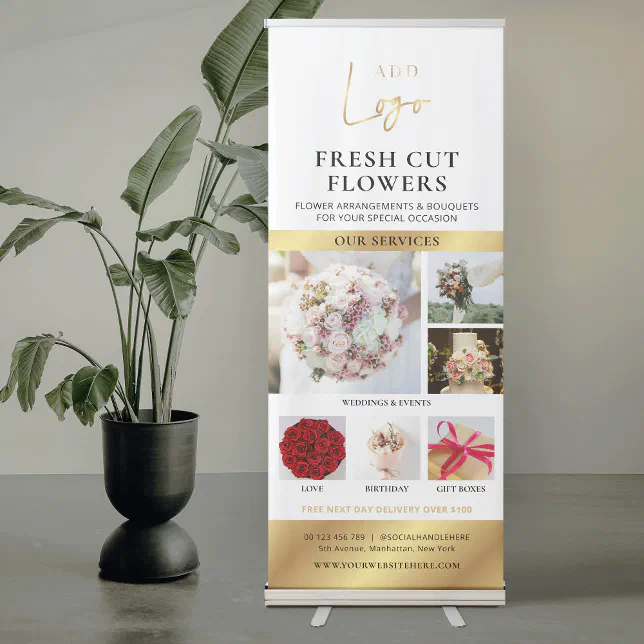 Elegant Gold Logo Photo Collage Florist Business Retractable Banner ...