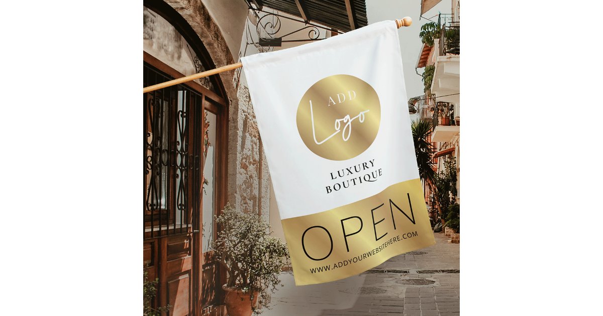 Elegant Gold Logo We Are Open Hair Salon Shop Flag | Zazzle