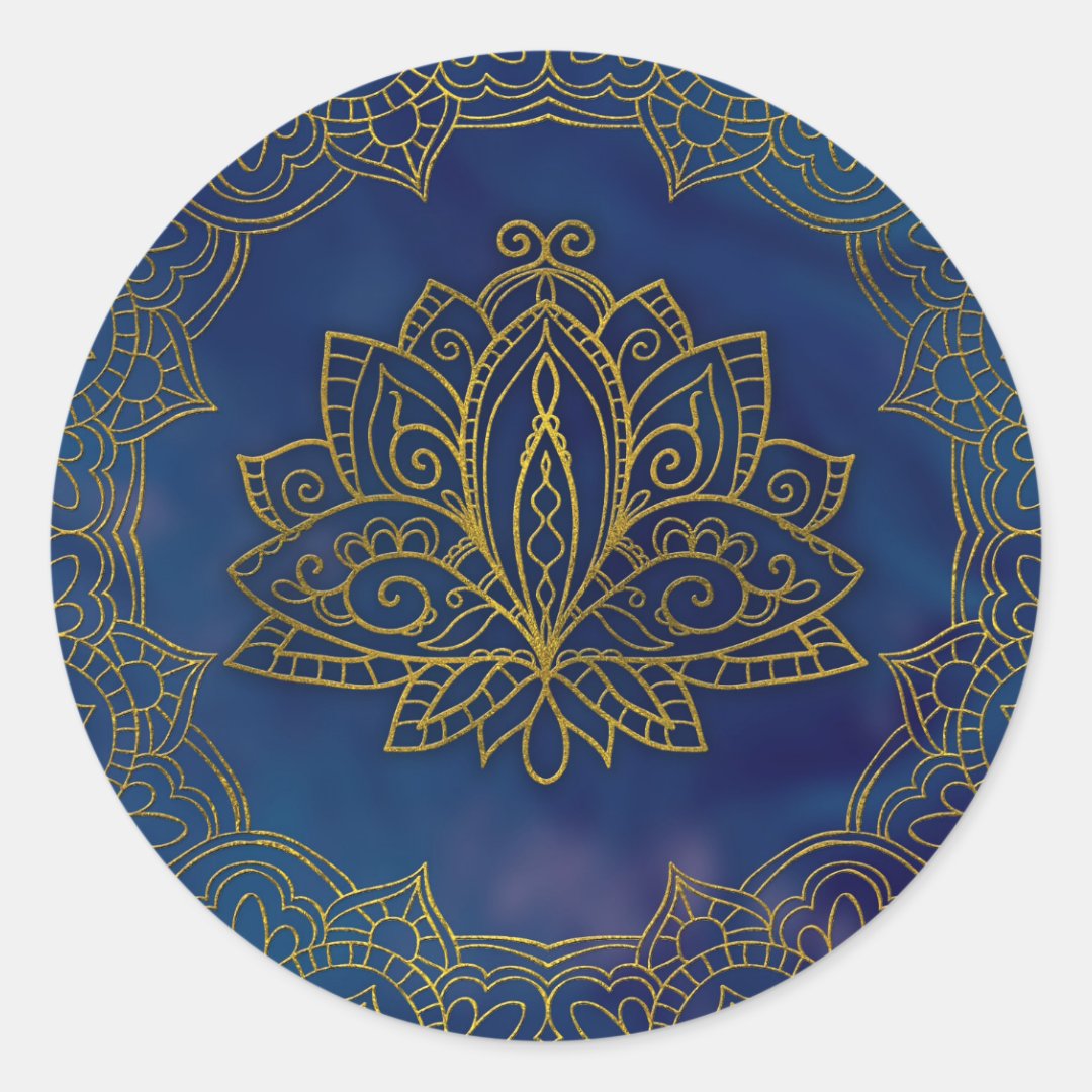 Elegant Gold Lotus flower on blue Classic Round Sticker | Zazzle