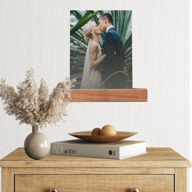 Elegant Gold Love Script Wedding Photo Picture Ledge | Zazzle