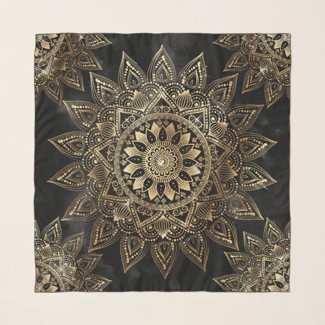 Elegant Gold Mandala Black Design Scarf | Zazzle