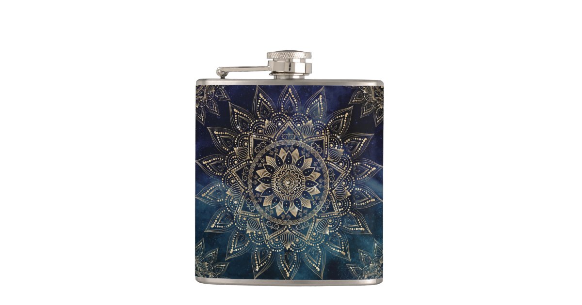 Elegant Gold Mandala Blue Galaxy Flask | Zazzle