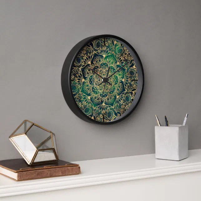 Elegant Gold Mandala Floral Green Blue Clock | Zazzle