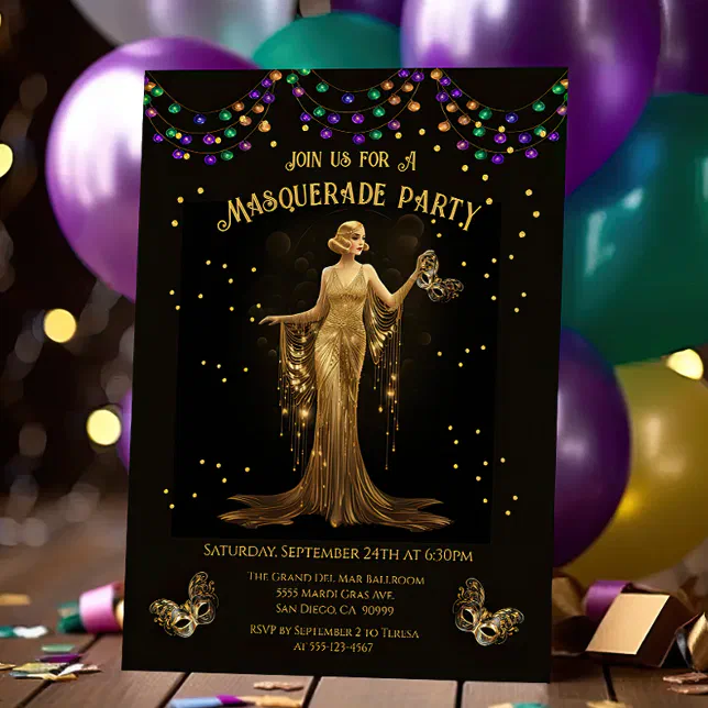 Elegant gold masquerade party invitation | Zazzle