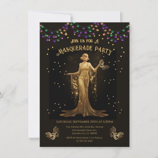 Elegant gold masquerade party invitation | Zazzle