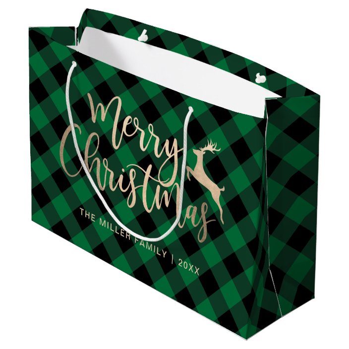 Elegant Gold Merry Christmas Black & Green Plaid Large Gift Bag ...
