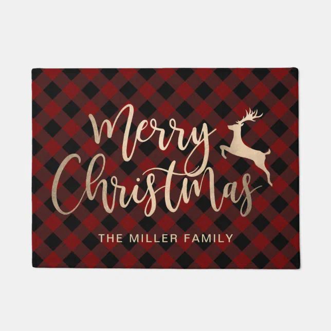 Elegant Gold Merry Christmas Black & Red Plaid Doormat | Zazzle