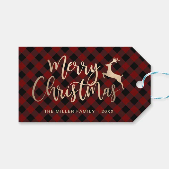 Elegant Gold Merry Christmas Black & Red Plaid Gift Tags | Zazzle