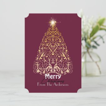 Elegant gold Merry Christmas filigree tree holiday Thank You Card | Zazzle