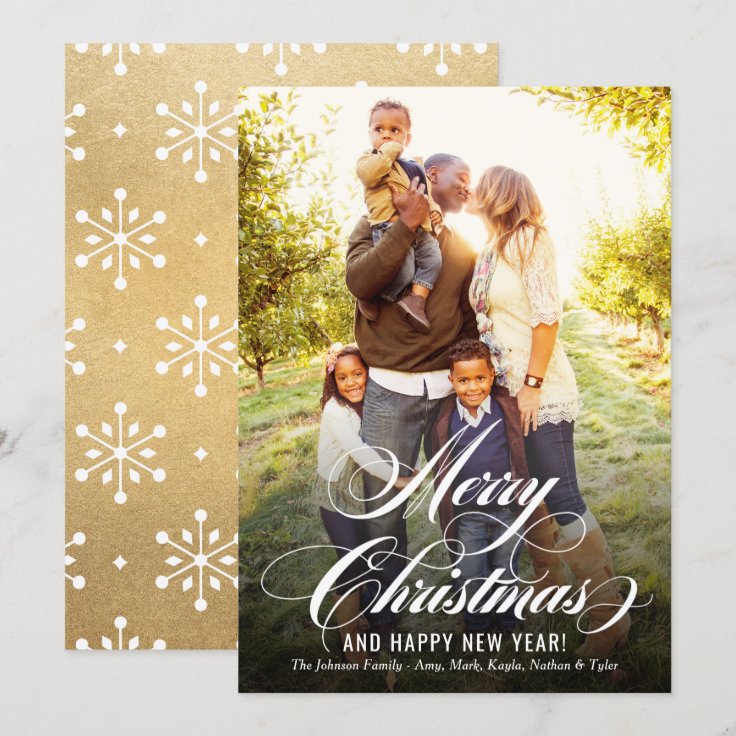 Elegant Gold Merry Christmas Script Photo Holiday Card | Zazzle