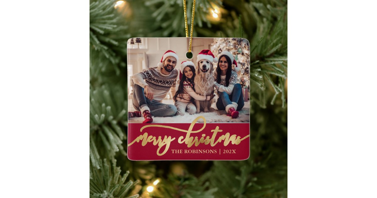 Elegant Gold Merry Christmas Script Photo Red Ceramic Ornament | Zazzle