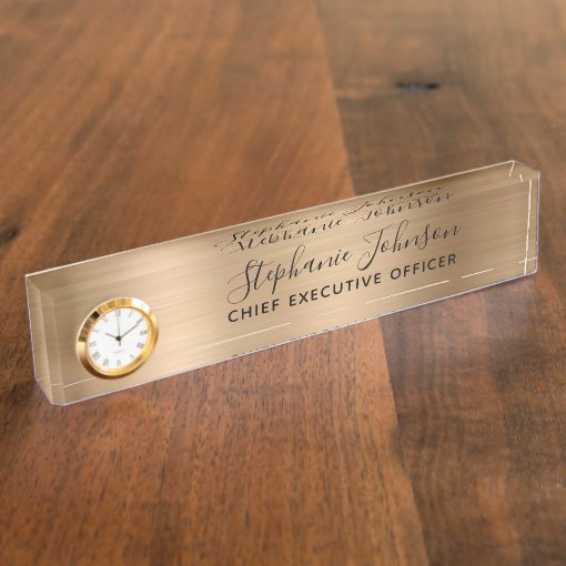 Elegant Gold Metallic Boss Lady CEO Clock Desk Name Plate | Zazzle