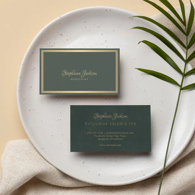 Elegant gold metallic dark emerald green chic business card | Zazzle