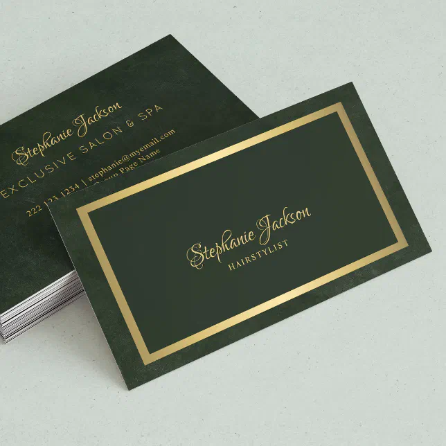 Elegant gold metallic dark emerald green chic business card | Zazzle