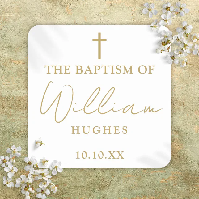 Elegant Gold Minimalist Baptism Christening Square Sticker | Zazzle