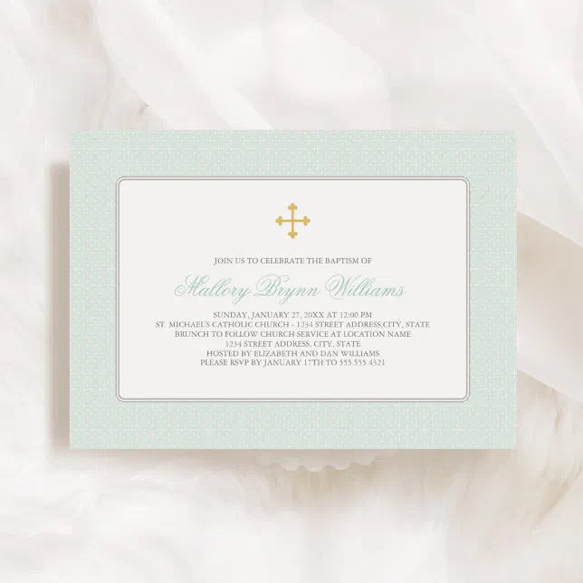 Elegant Gold Mint Green Cross Pattern Baby Baptism Invitation | Zazzle