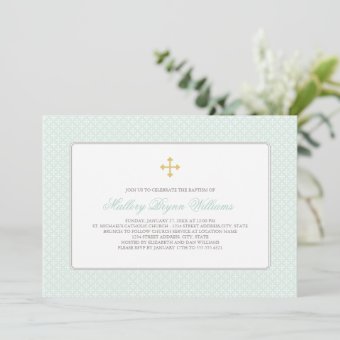 Elegant Gold Mint Green Cross Pattern Baby Baptism Invitation | Zazzle
