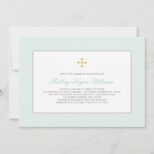Elegant Gold Mint Green Cross Pattern Baby Baptism Invitation | Zazzle