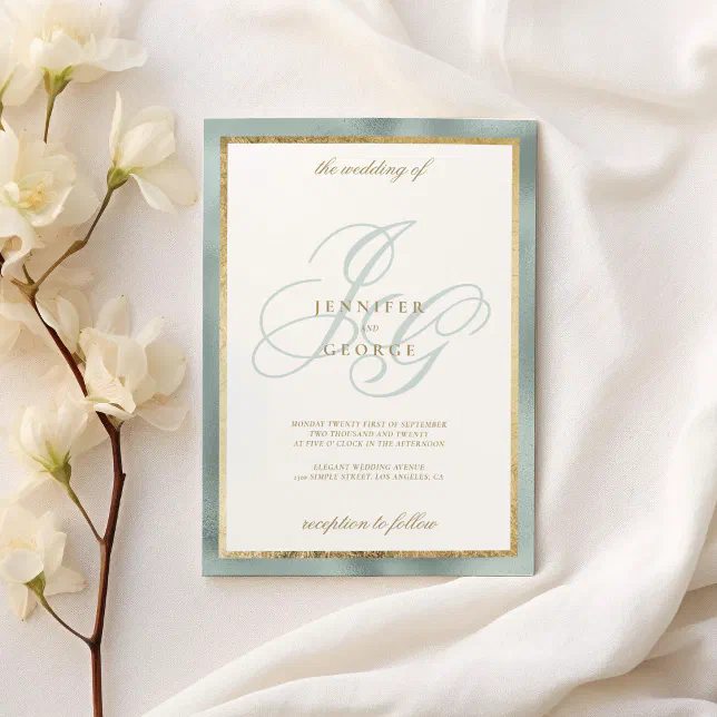 Elegant gold mint green monogram initials wedding invitation | Zazzle