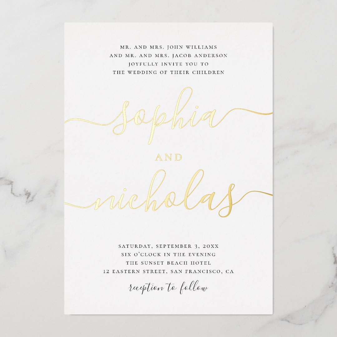 Elegant gold modern calligraphy script wedding foil invitation | Zazzle