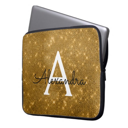 Elegant Gold Modern Sparkle Monogram Laptop Sleeve | Zazzle