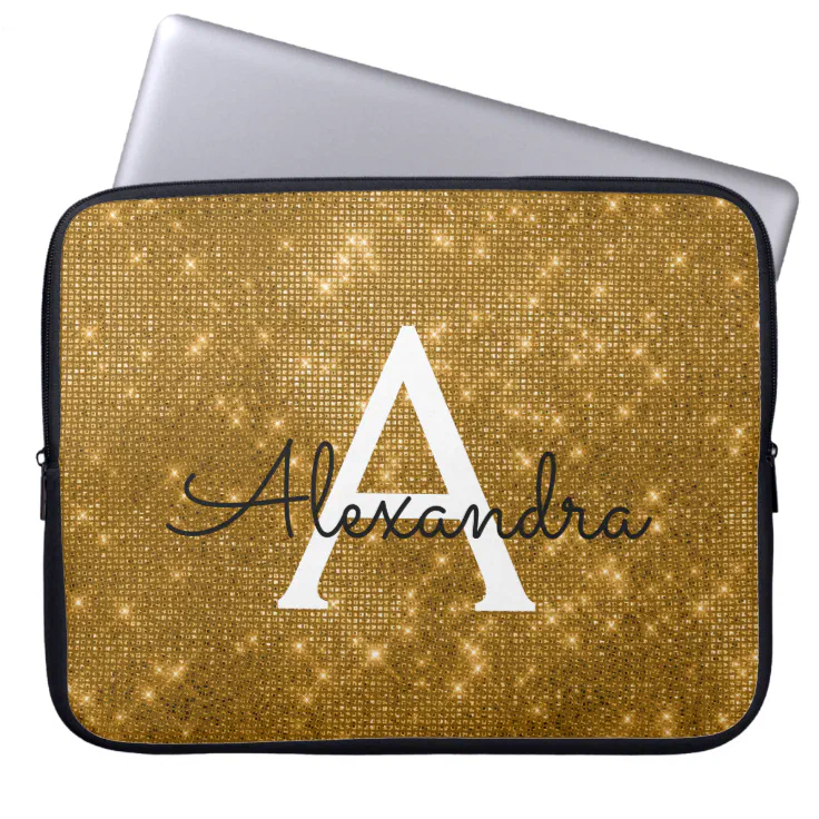 Elegant Gold Modern Sparkle Monogram Laptop Sleeve | Zazzle