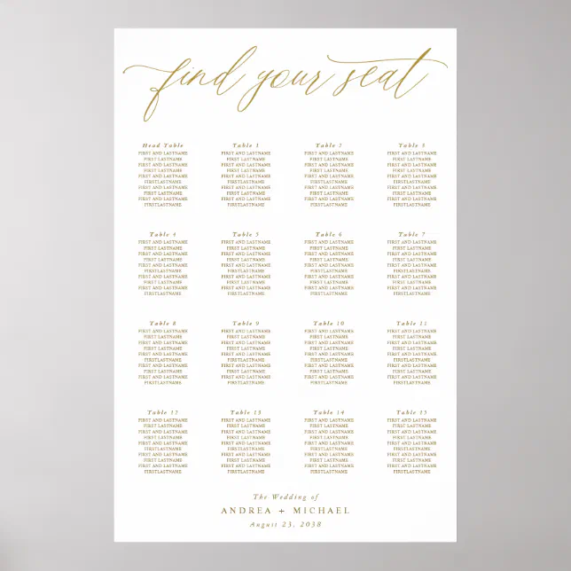 Elegant Gold Modern Wedding Seating Chart Poster | Zazzle